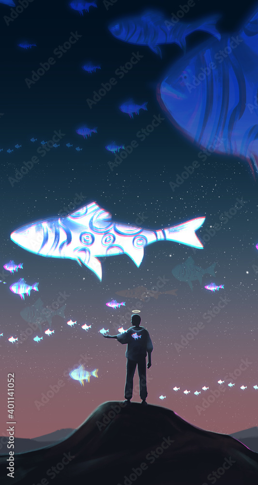 A man stood on the top of the mountain watching the glowing fish flying ...