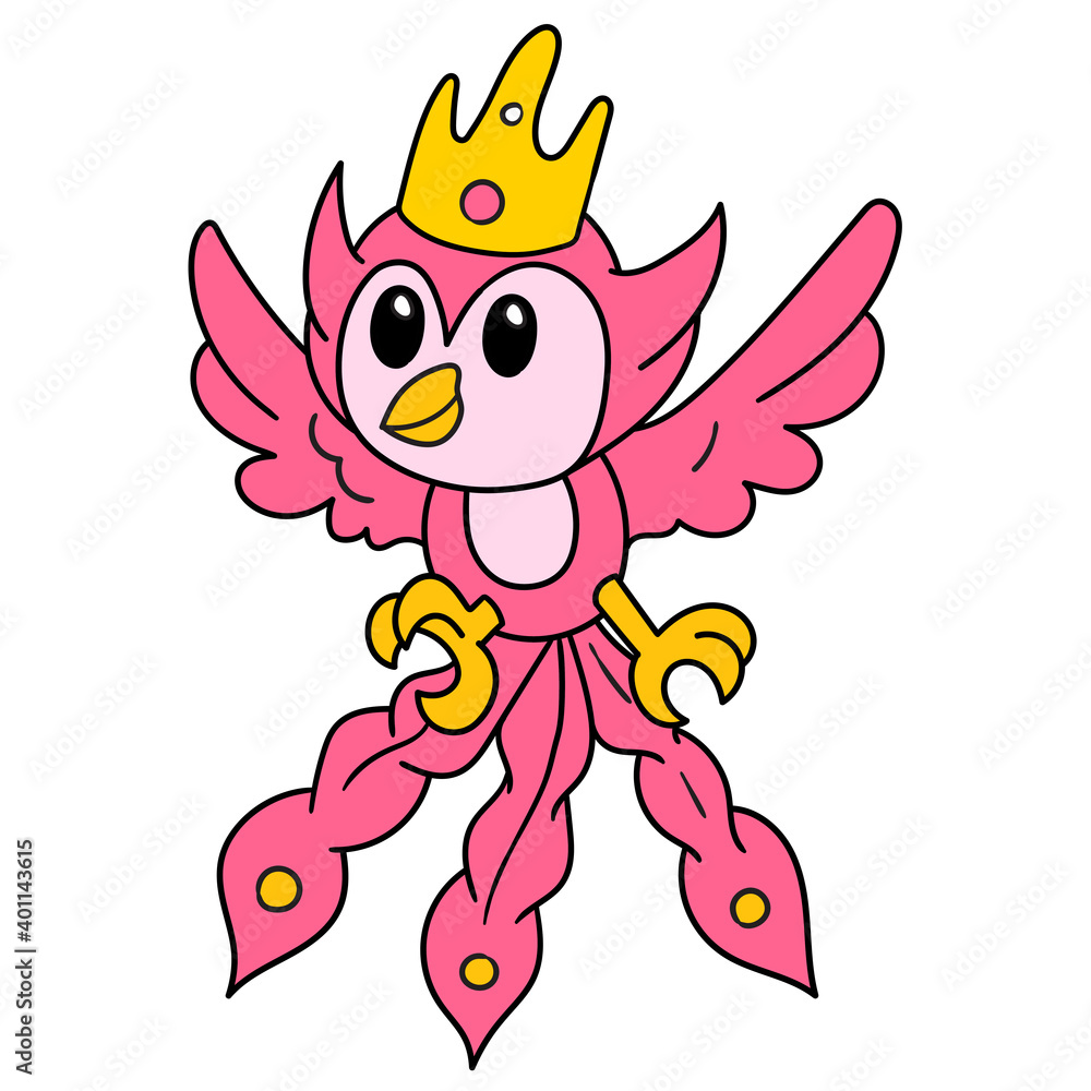 cartoon bird legend fire phoenix with gold crown doodle kawaii. doodle ...
