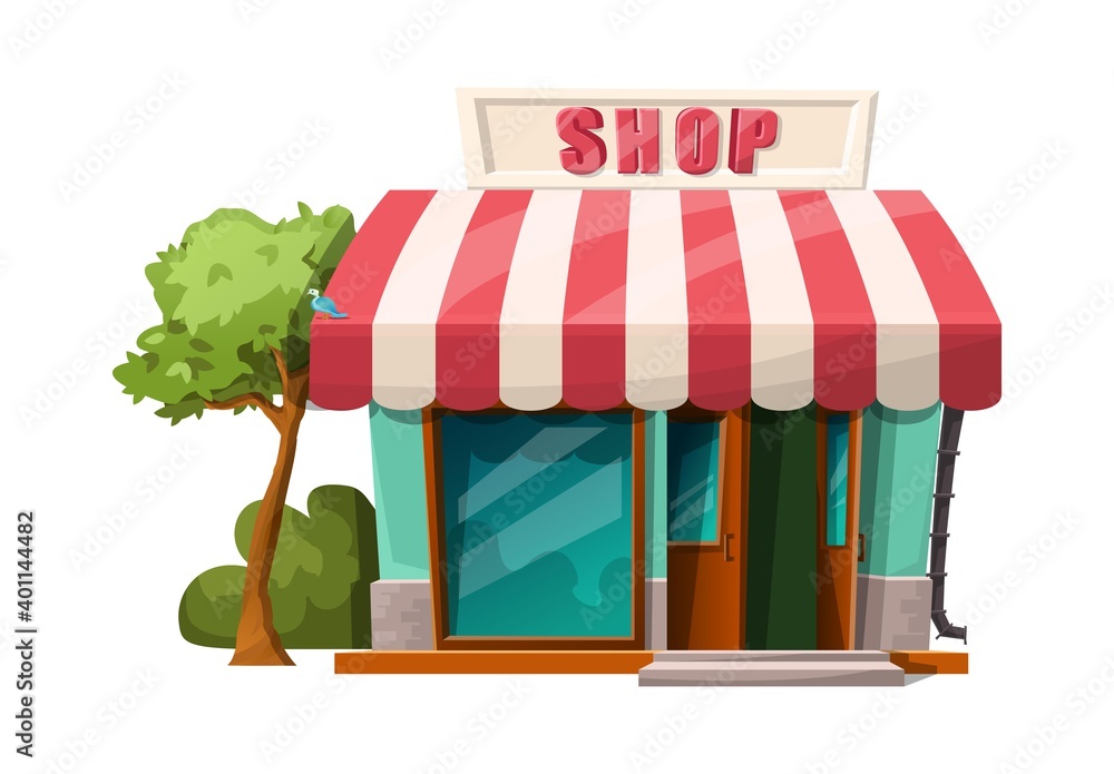 Vector cartoon style of cafe front shop view. Isolated on white ...