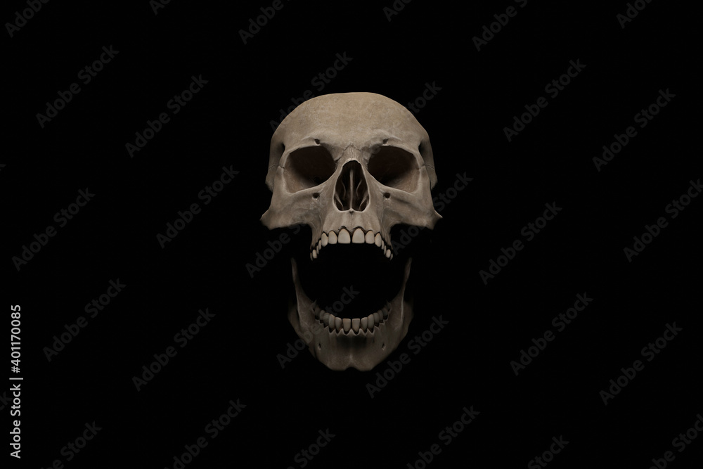 Human skull with wide open mouth on black background. 3D rendering ...