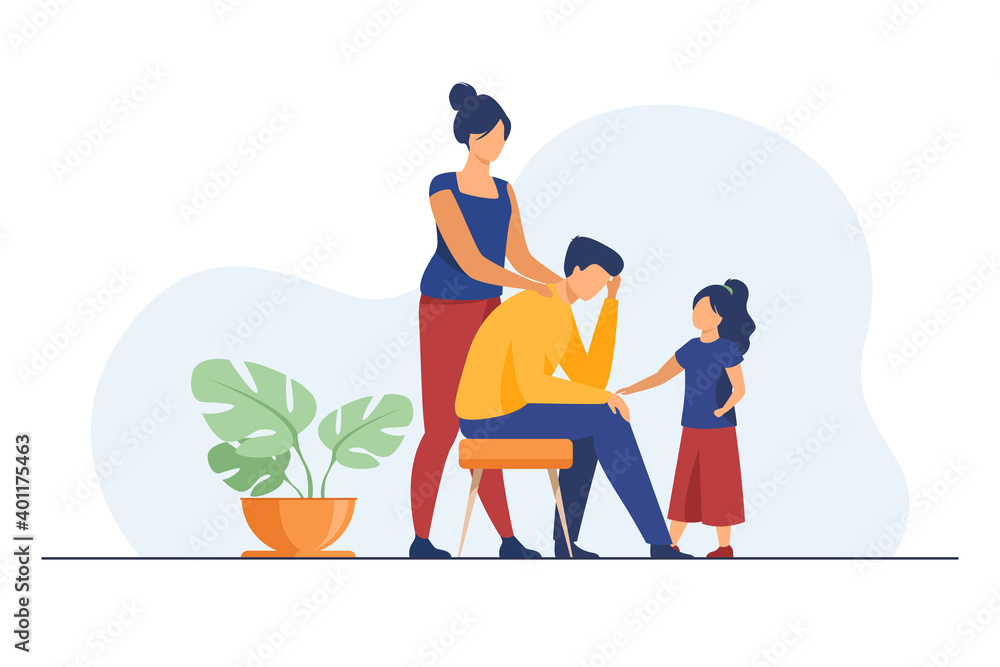 Mom and daughter comforting upset dad. Touching shoulder, holding hand ...