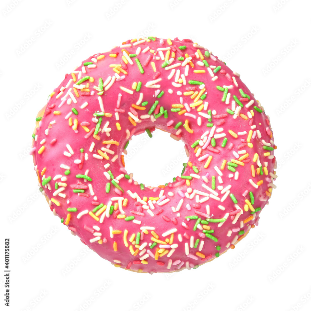 Pink donut decorated with colorful sprinkles isolated on white ...