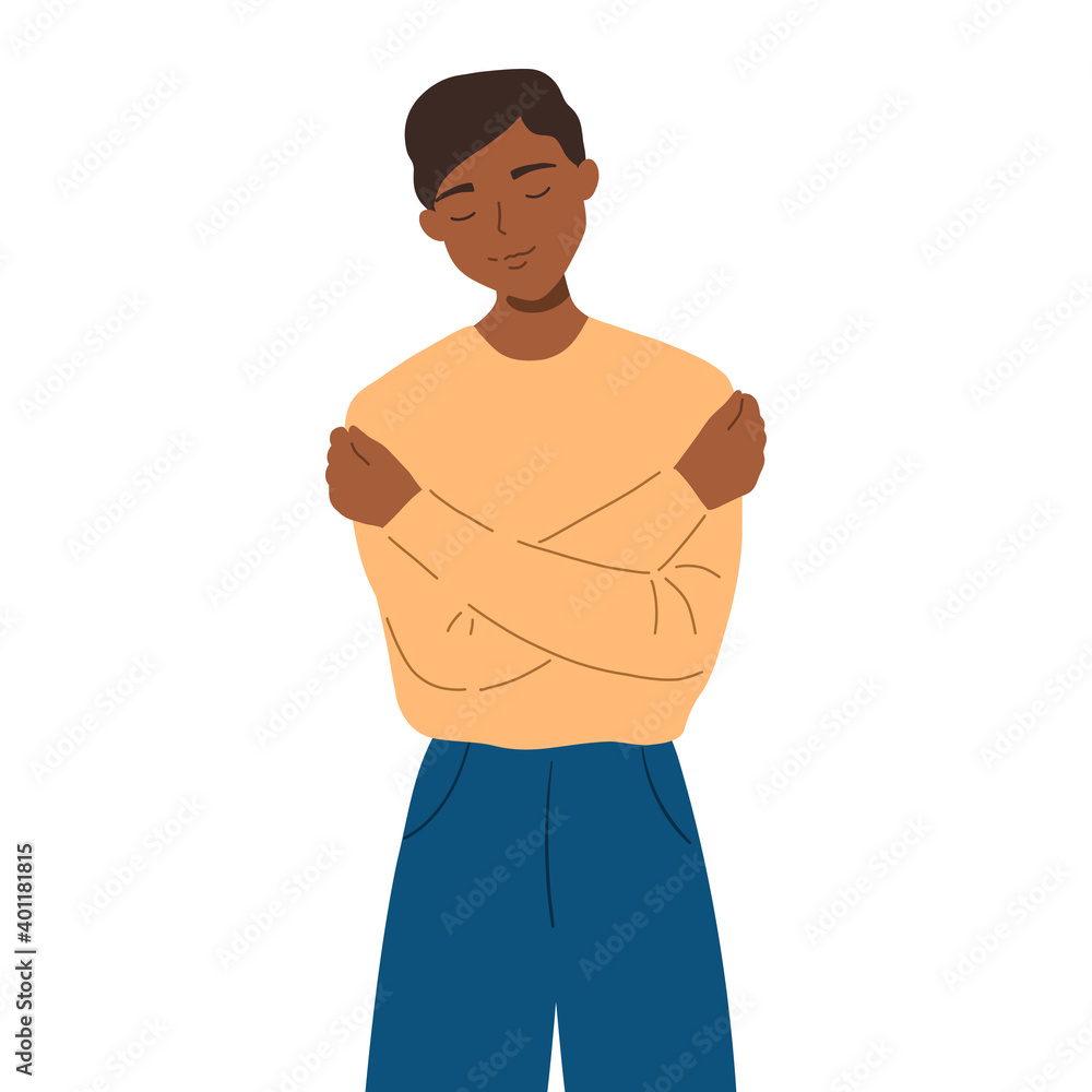 Man hugging himself with his hands and smiling. Young guy embraces ...