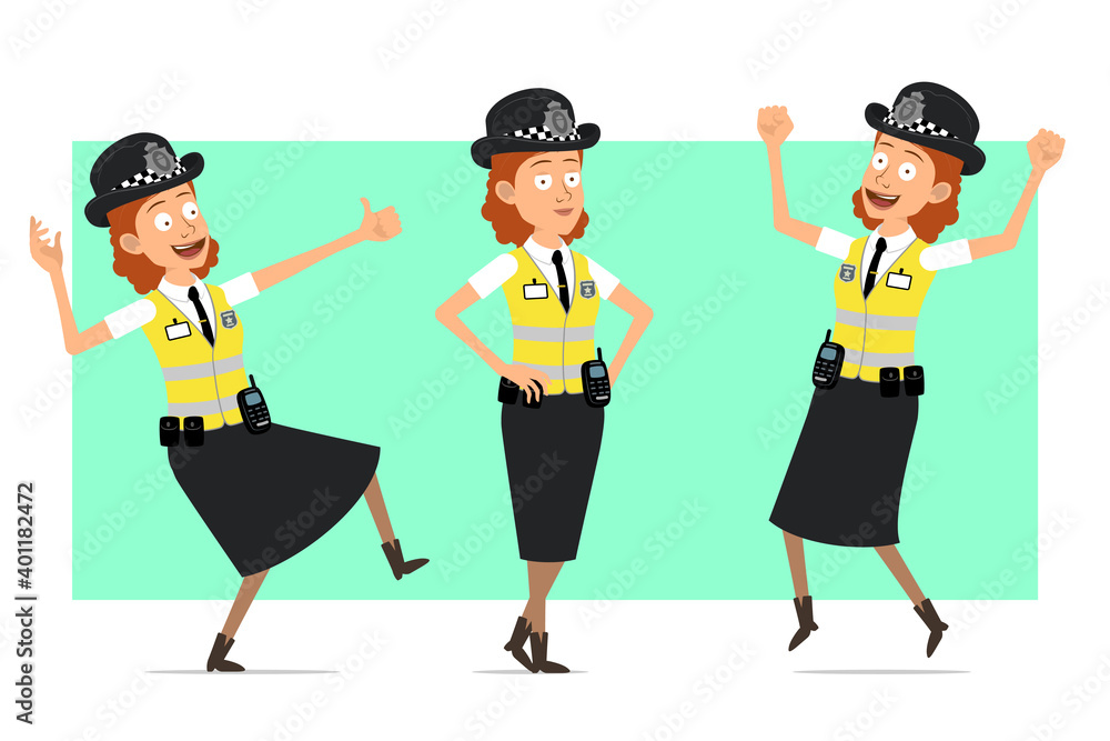 Cartoon flat funny british police woman character in yellow jacket with ...
