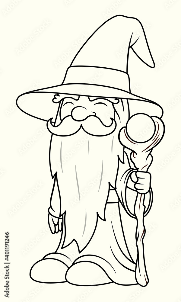 Old wizard cartoon illustration with long beard, robe and hat, holding ...