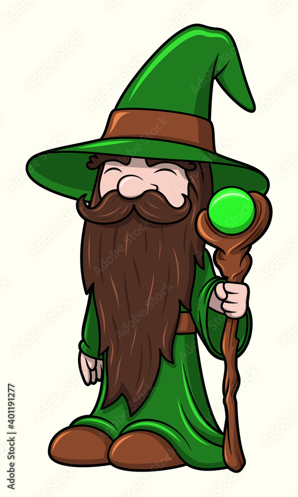 Old wizard cartoon illustration with long brown beard, green robe and ...