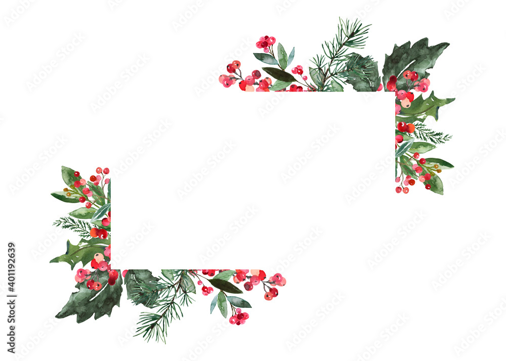 Christmas border with watercolor hand painted winter greenery, pine ...