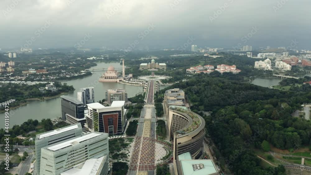 Wide aerial of Putra Bridge, Dataran Putra and Perdana Putra, Malaysia ...