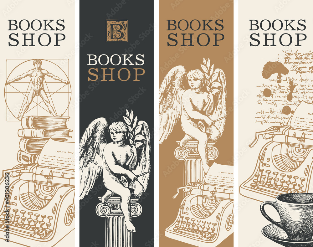 Set of four banners for books shop in retro style. Vector illustrations ...