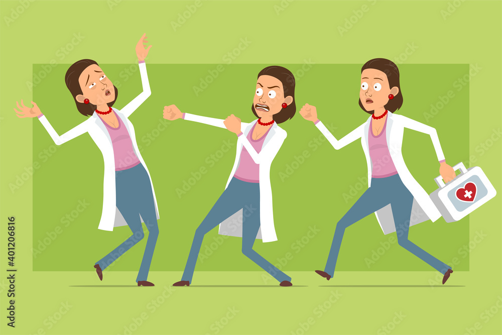 Cartoon flat funny doctor woman character in white uniform. Girl ...