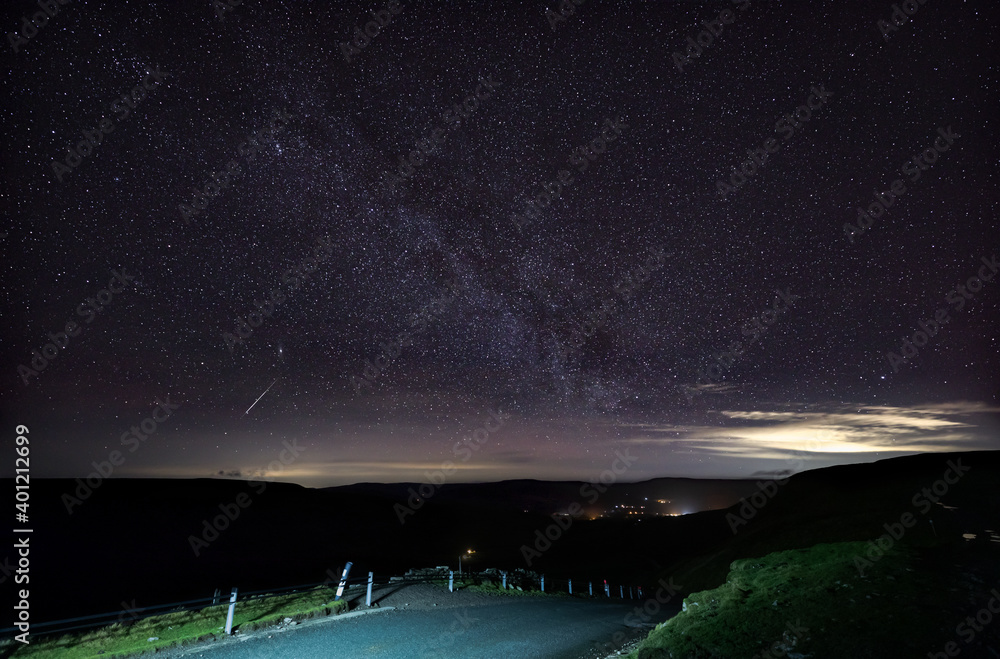 Milky Way over Hawes in the Yorkshire Dales National Park, UK. Meteor ...