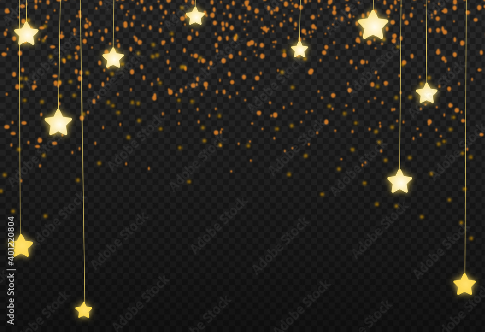Gold glitter particles with hanging stars isolate on png or transparent ...