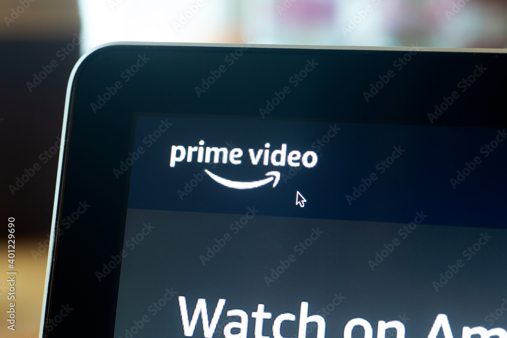 Prime video Amazon logo on a computer screen. Home page of the Internet ...