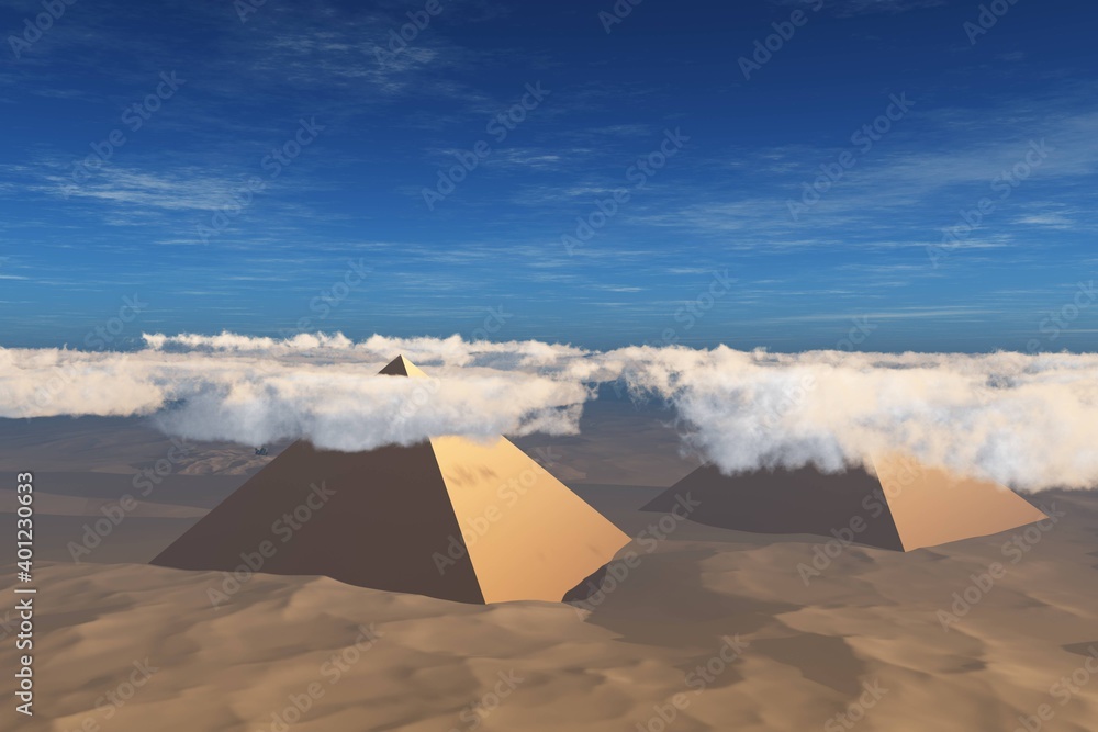 Pyramids from a height of flight in the clouds, pyramids in the sands ...
