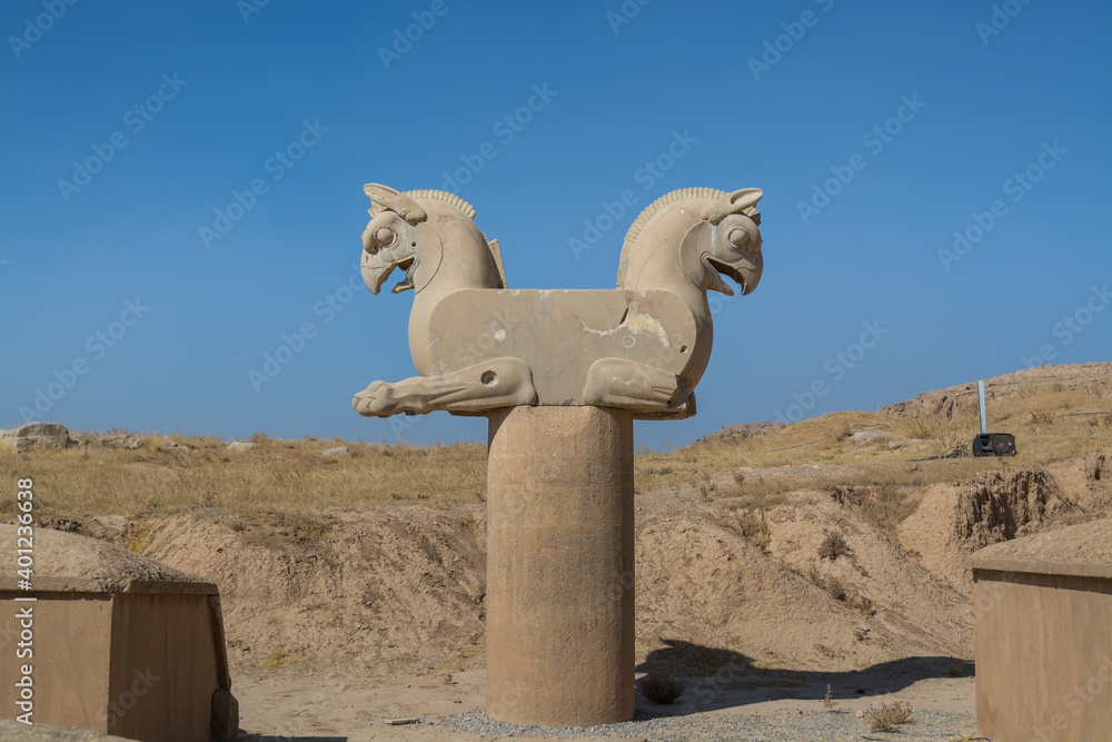 Stone statue of Zoomorphic griffin (Twin Homa or Huma bird figures) in ...