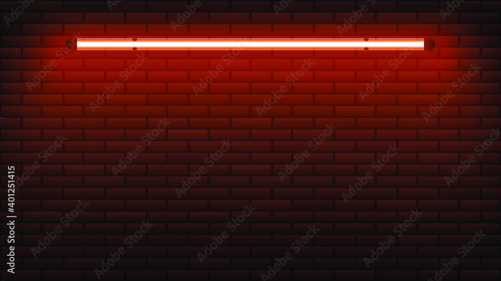 Red neon lamp isolated on dark brick wall. Brown brick wall in neon ...