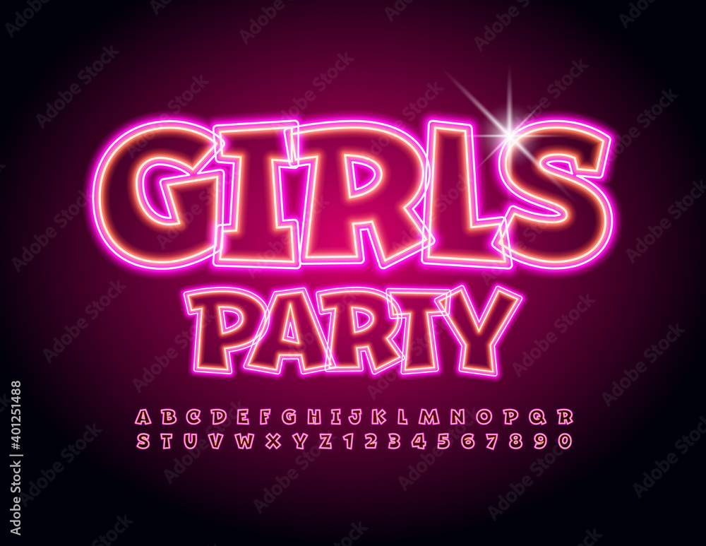 Vector bright flyer Girls Party. Electric Led Font. Pink Neon Alphabet ...