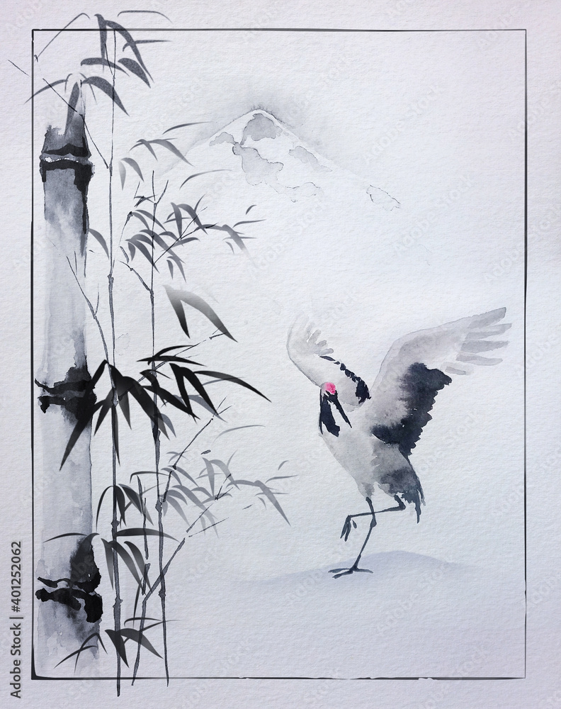 Japanese crane on a background of bamboo stalks. Traditional Japanese ...