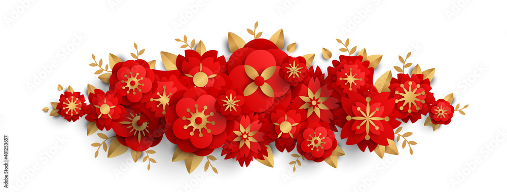 Chinese border with red paper cut flowers and gold leaves isolated on ...