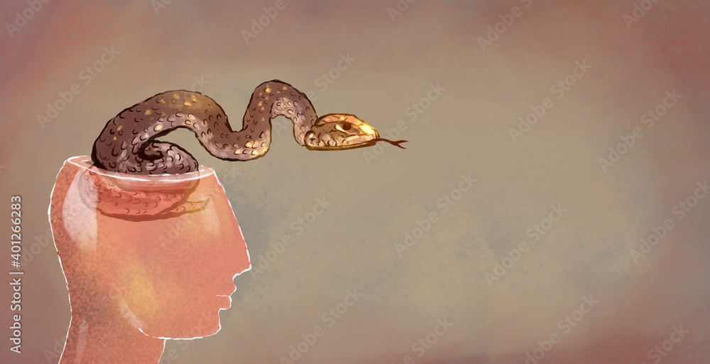 illustration of a glass head with a snake inside. Metaphor of cunning ...