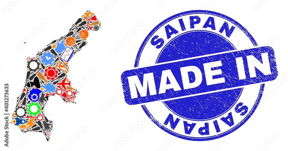 Development mosaic Saipan Island map and MADE IN distress rubber stamp ...