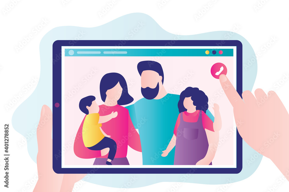 Cartoon family on tablet screen. Hand holds device with parents and ...