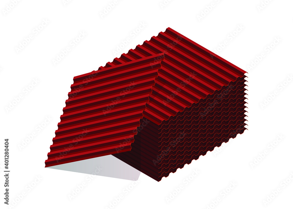 Red wavy slate. Stack of corrugated roofing sheets isolated on white ...