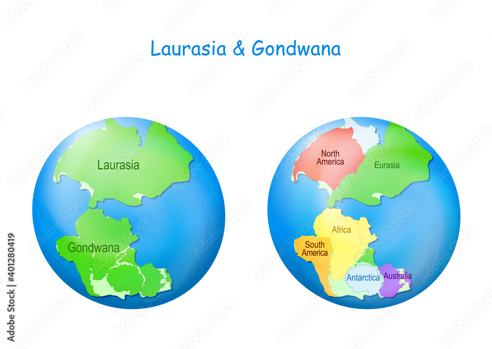 Maps Laurasia and Gondwana, continental borders, and ocean Tethys ...