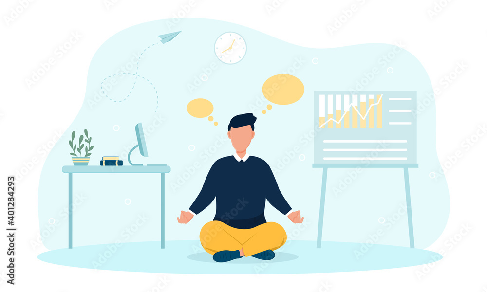 Businessman meditating and concentrating in office at work. Concept of ...