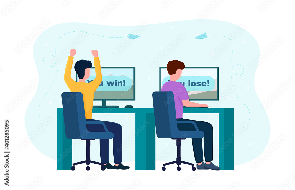 Two male characters playing video games in computer club. Concept of ...