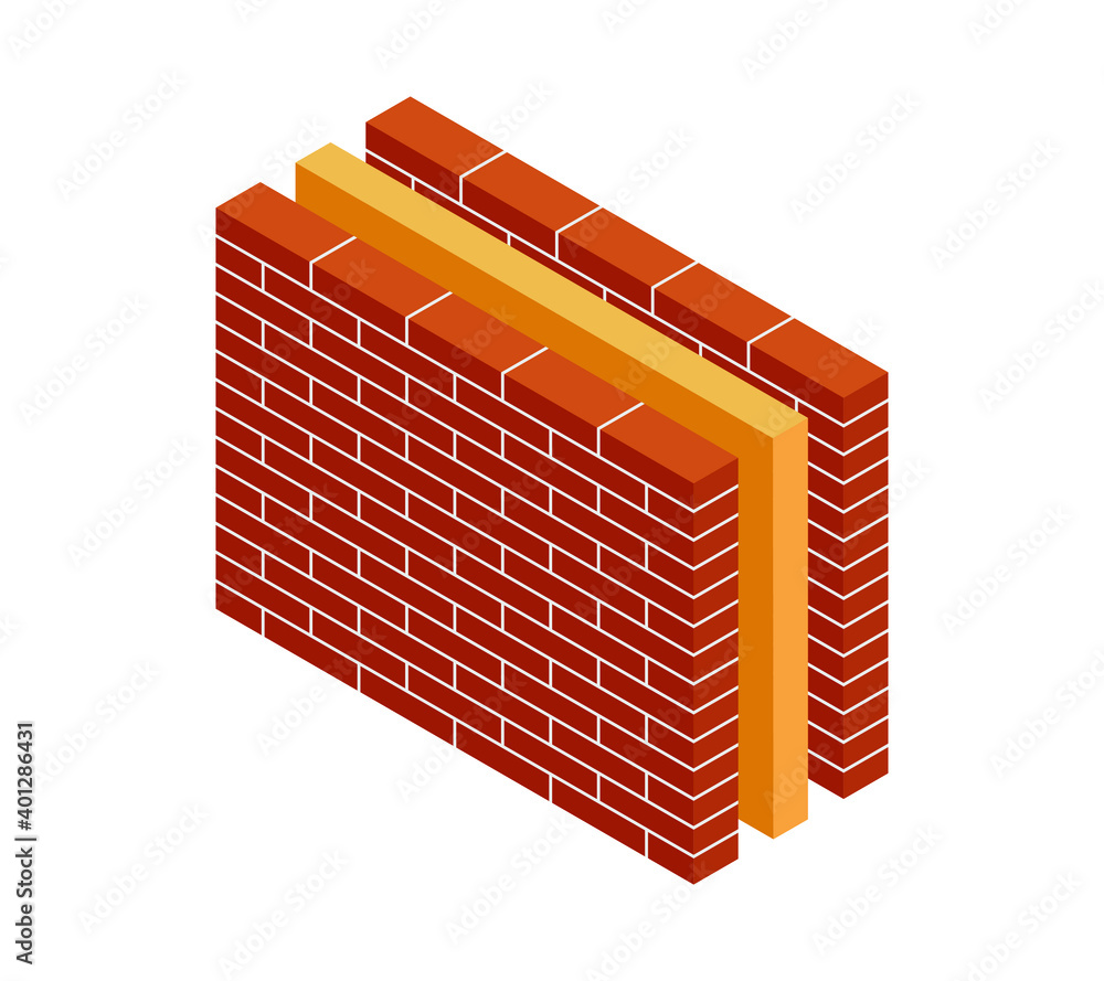 Vector illustration driving insulation brick wall. Isometric red ...