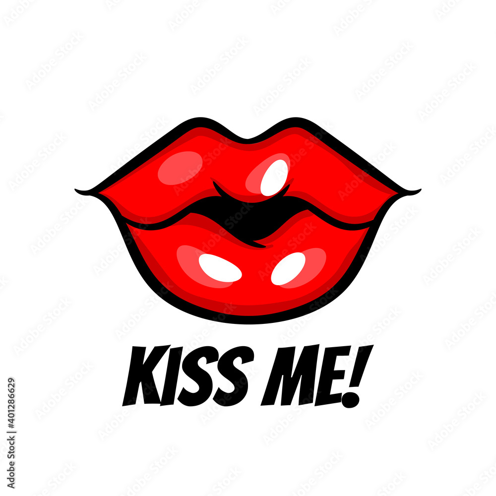 Kiss Me Red Woman Kiss Lips In Pop Art Style Isolated On White