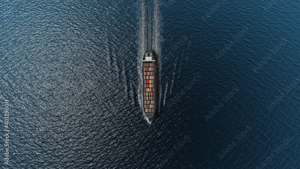 Poster Cargo ship with containers in the open blue sea- Top down view ...