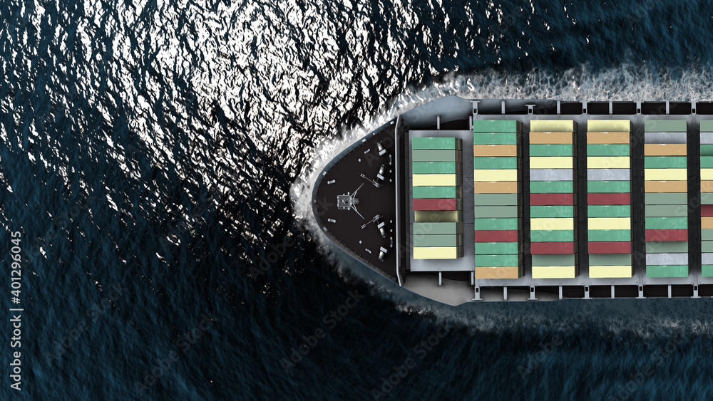 Cargo ship with containers in the Ocean- Aerial top down view , Freight ...