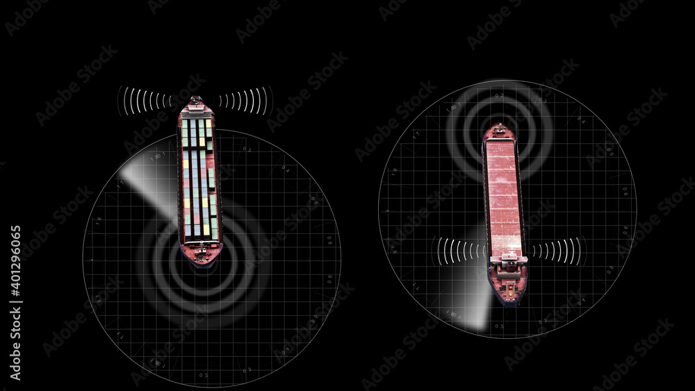 3d rendering-Two Cargo ships with radar and antenna signal , On black ...