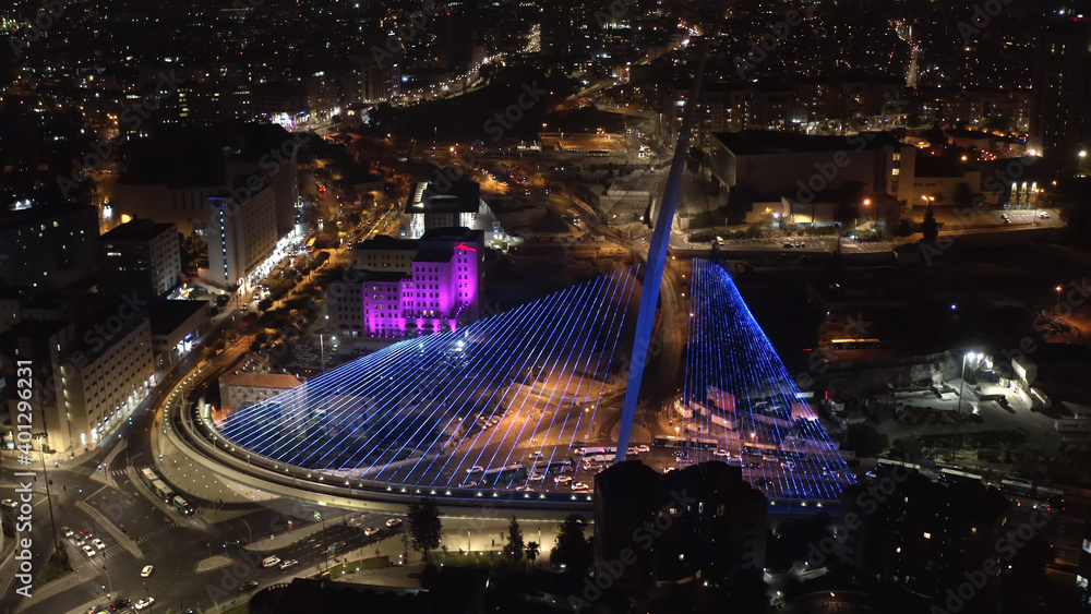 Jerusalem chords bridge at night aerial view Main entrance city lights ...