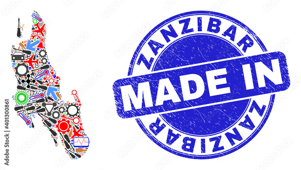 Industrial Zanzibar Island map mosaic and MADE IN textured rubber stamp ...