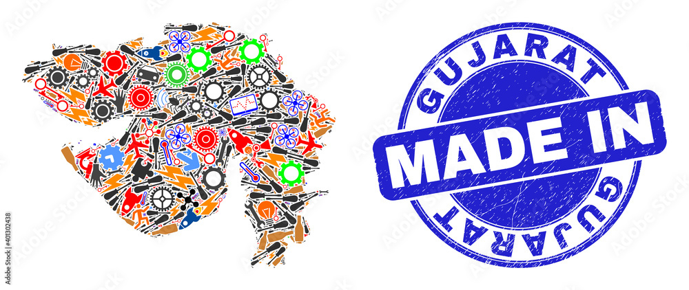 Industrial Gujarat State map mosaic and MADE IN scratched rubber stamp ...