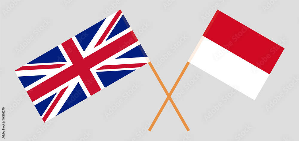Crossed flags of the UK and Monaco. Official colors. Correct proportion ...
