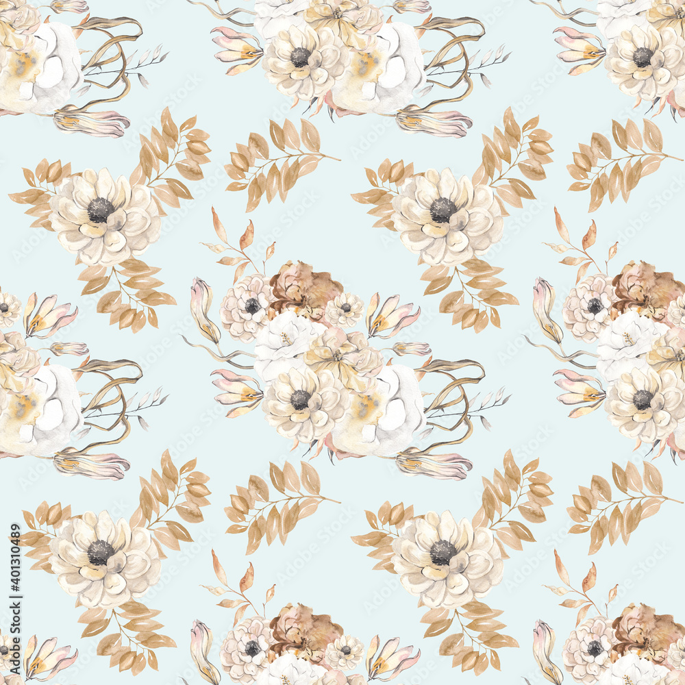 Seamless background with flowers and leaves, bright grey background ...