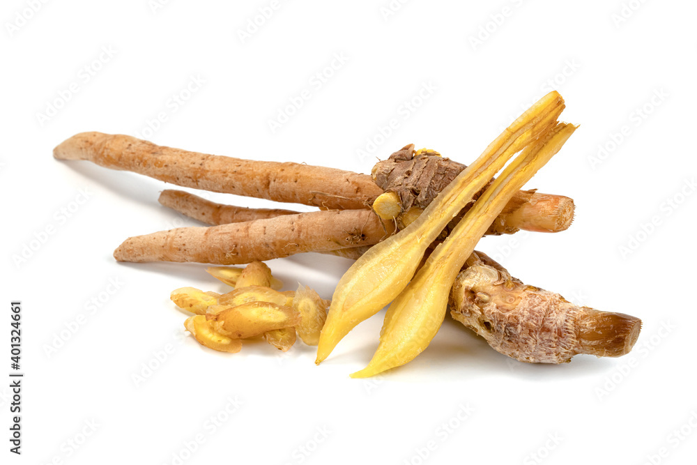 finger root or Chinese's Ginger sliced isolated on the white background ...