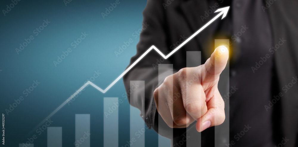 Hand touching graphs of financial indicator and market analysis chart ...