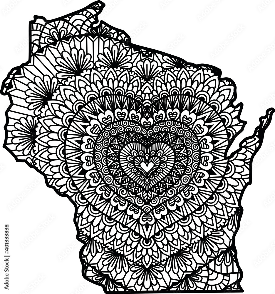 Heart shape mandala inside Wisconsin state map, for coloring book ...