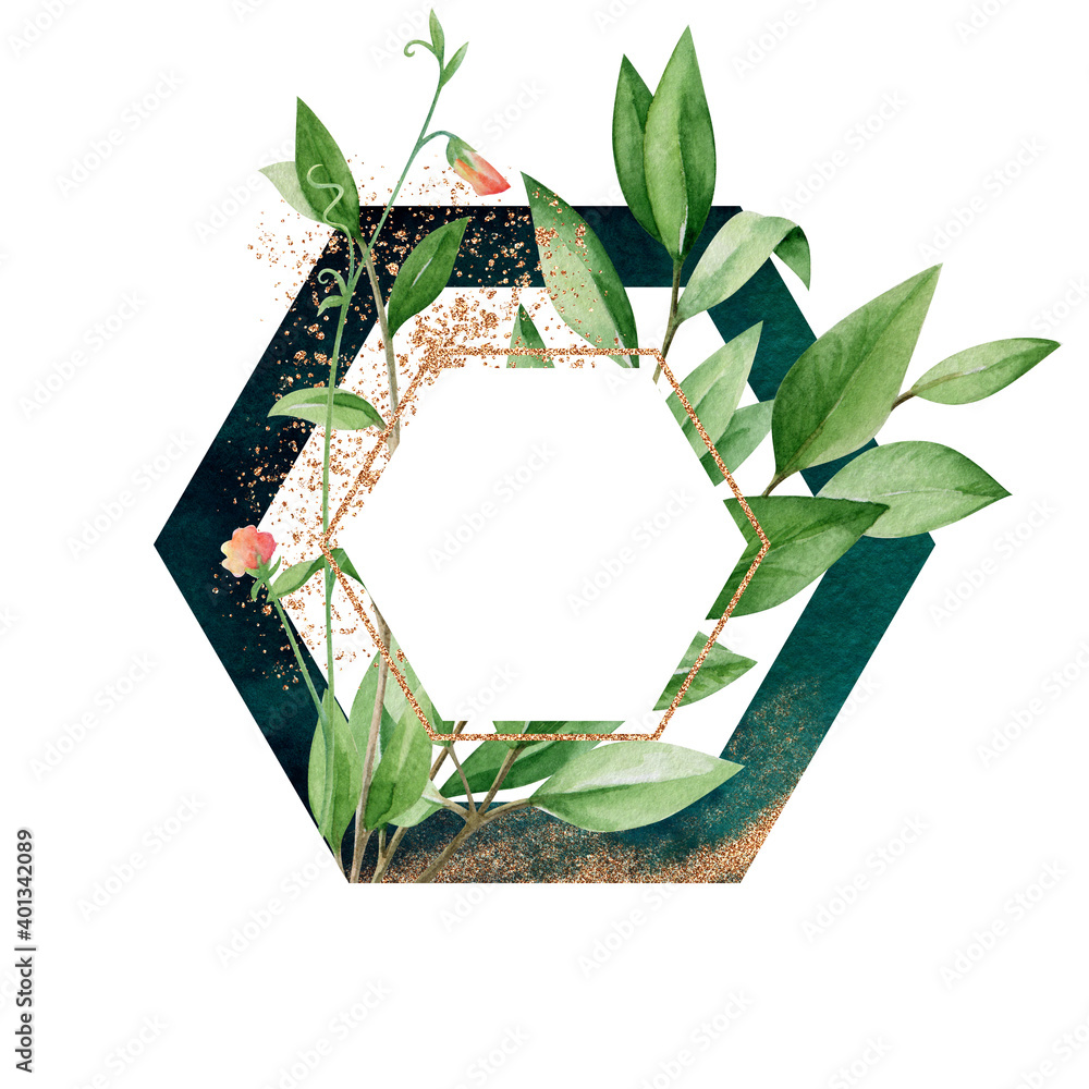 Watercolor hexagon frame isolated on white background. Large tropical ...