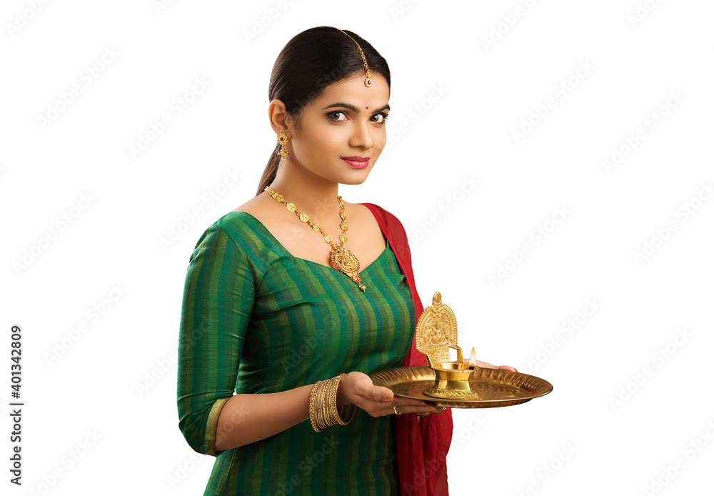 Hindu Indian young women holding Deepam in hands isolated on white ...