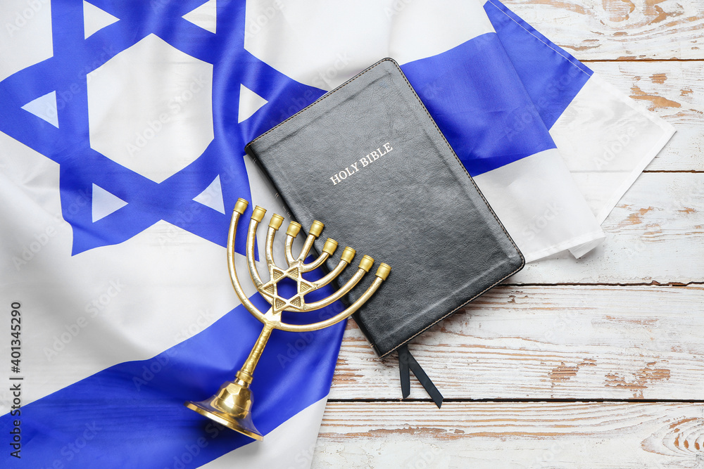 Flag of Israel, Holy Bible and menorah on wooden background Stock Photo ...