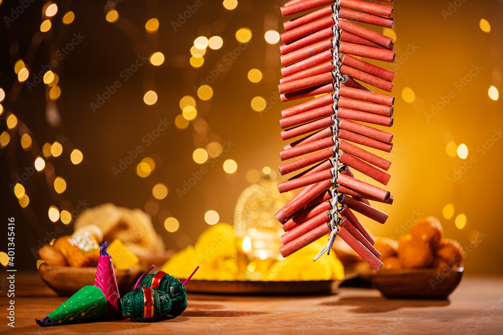 Diwali fire cracker and Diya decoration on Diwali day Stock Photo | Adobe Stock