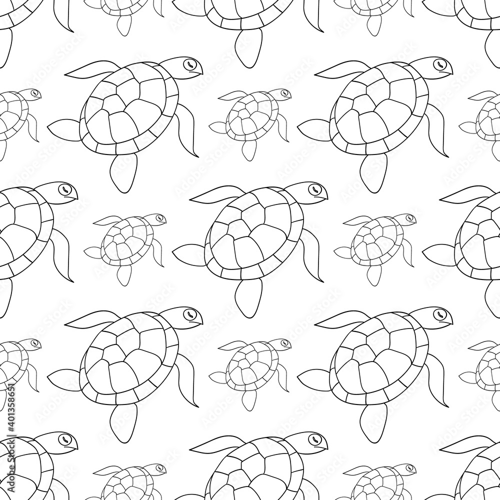 Sea turtle seamless pattern. Ocean floor marine life hand drawn doodle ...