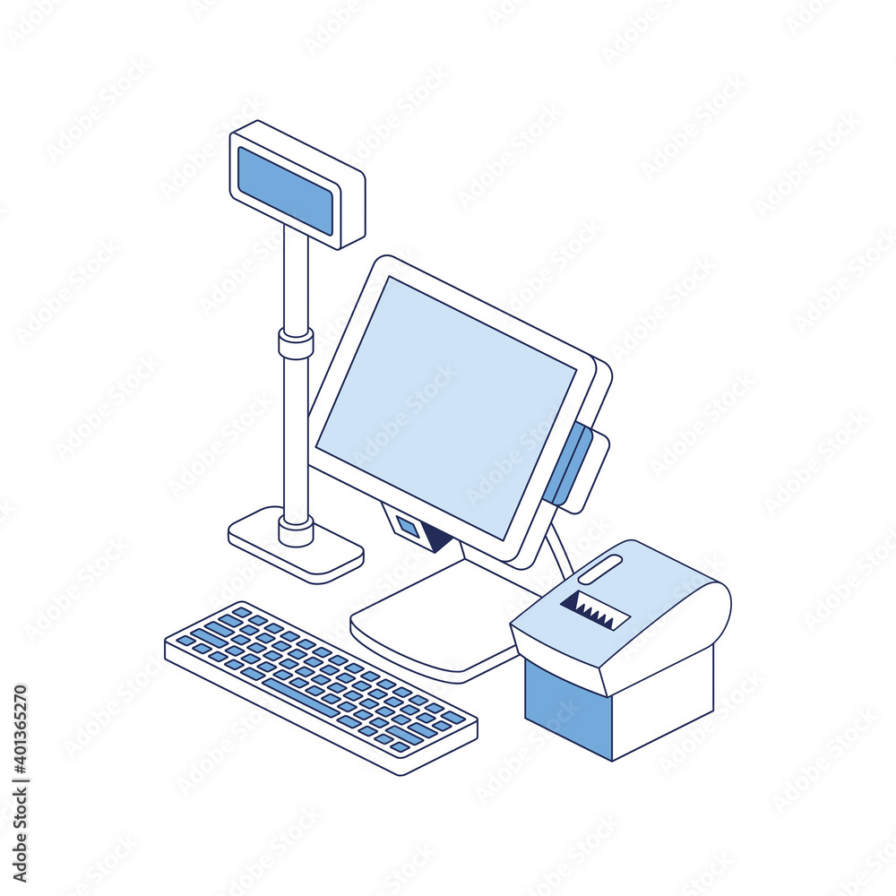 Cash register, receipt printer, computer screen. Vector 3d line ...
