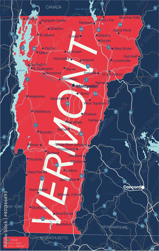 Vermont state detailed editable map with cities and towns, geographic ...